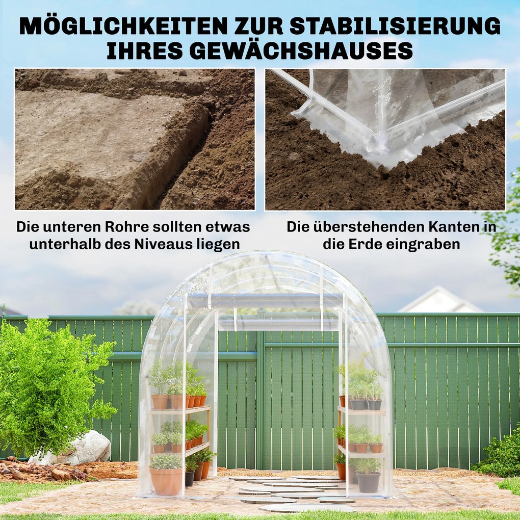 Outsunny Skleník Polytunnel, průchozí skleník s pozinkovaným ocelovým rámem a krytem z PE odolným proti UV záření, průhledný 84H-443V00CR