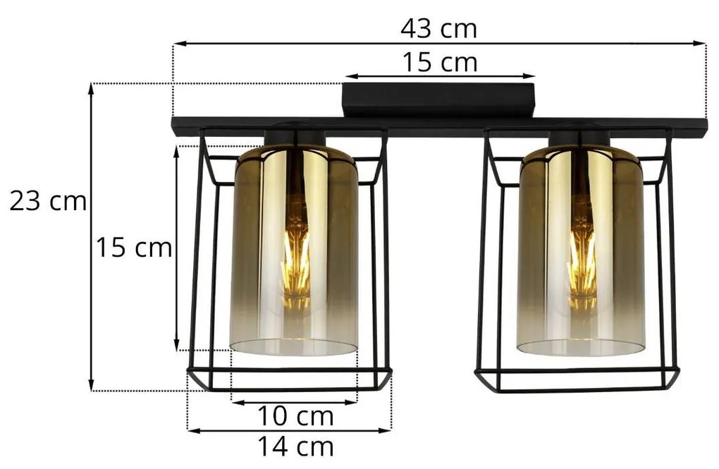 Stropní svítidlo HELLA CAGE, 2x zlaté skleněné stínítko v kovovém rámu