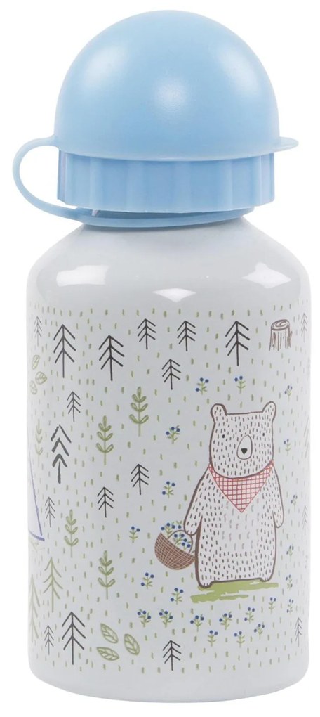 sass & belle Dětská kovová lahev Bear Camp 300 ml, modrá barva, šedá barva, kov, plast