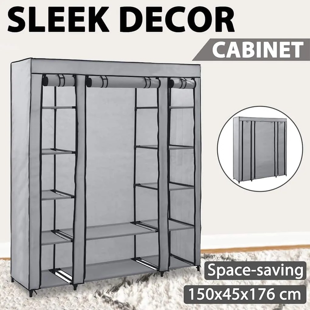 Šatní skříň s přihrádkami a tyčemi šedá 150x45x176 cm textil 282436