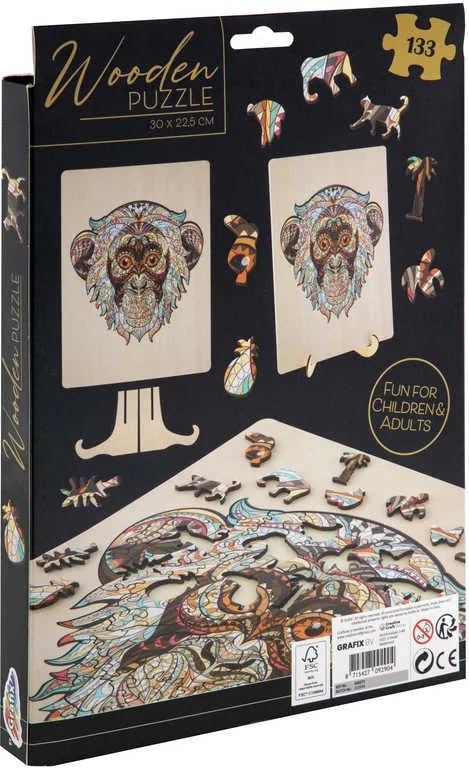 _Ostatní 1_ DŘEVO Puzzle obrysové na desce Opice 133 dílků set skládačka se stojánkem 400073rms