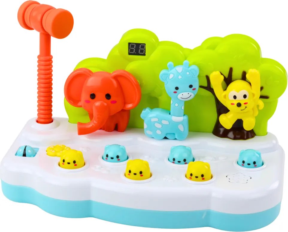 LEAN Toys Obratnostní hra se zvířátky Whack-A-Mole s počítadlem a kladívkem, barevná