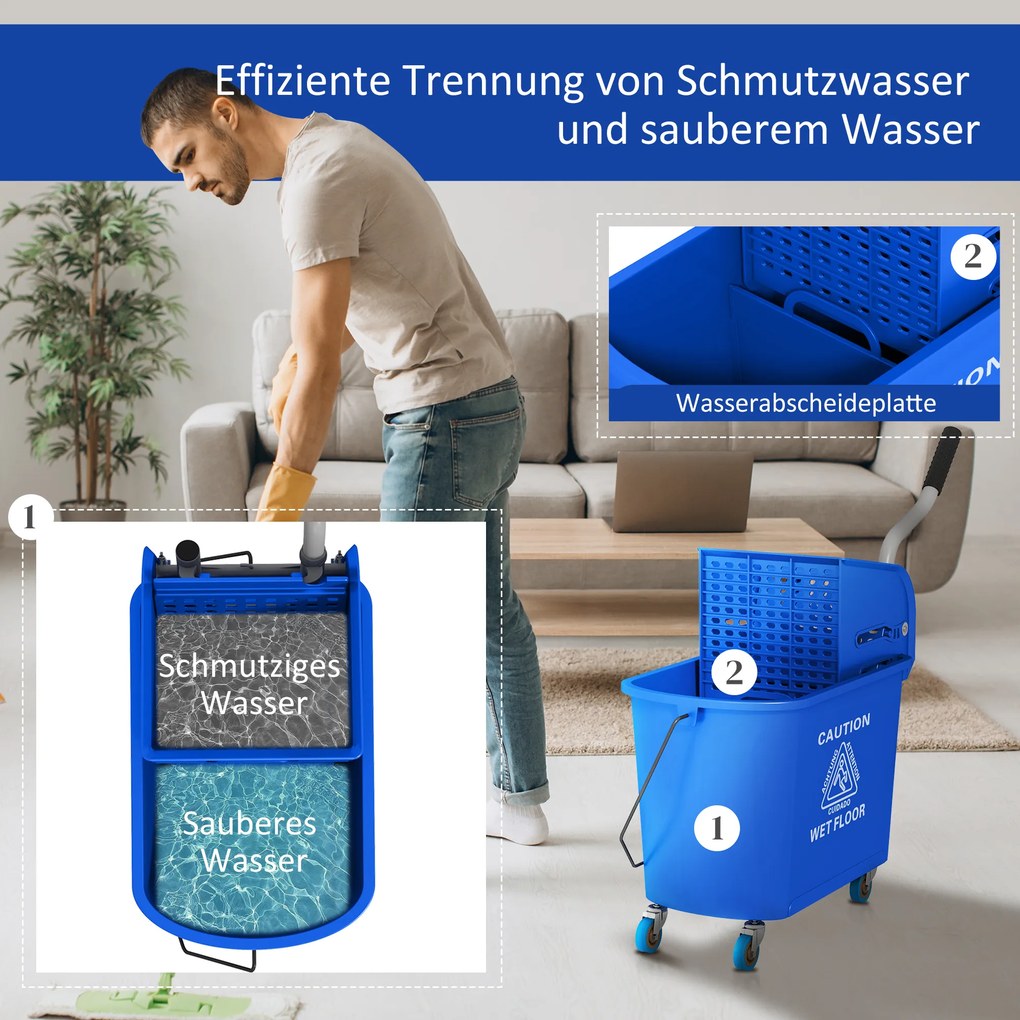HOMCOM Úklidový vozík mycí kbelík pro domácnost 20 l s odstředivkou a odlučovačem čisté špinavé vody modrý 60L x 27W x 70,5H cm