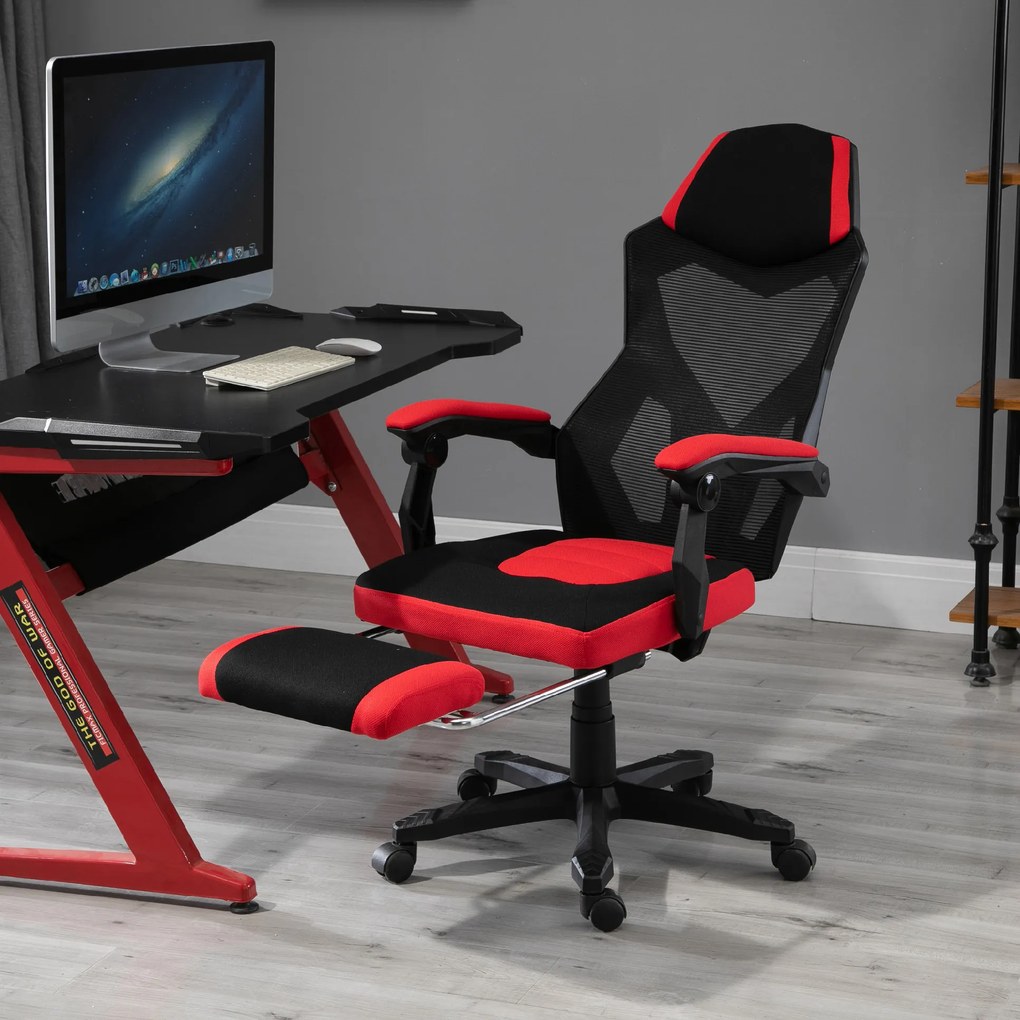 Herní židle Vinsetto Ergonomická kancelářská židle s výškově nastavitelnou podnožkou polyester černá červená 58 x 72 x 112-122 cm pro kancelář a hran…