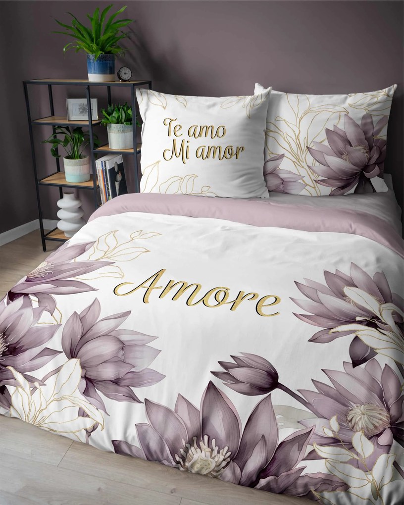 Detexpol Bavlněné povlečení 160x200 bílé vřesové květy Amore 4866 A Holland 73