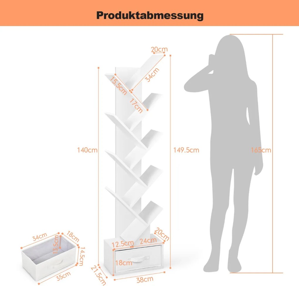 Costway Knihovna 10 Tier Tree Book se zásuvkou na podlaze stojící úložný regál