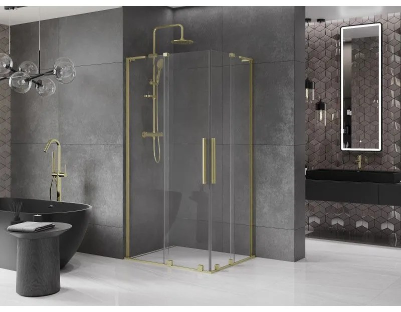 Mexen Velar L Duo, sprchový kout s posuvnými dveřmi 100 x 90 cm, 8mm čiré sklo, zlatá matná, 871-100-090-02-03-55