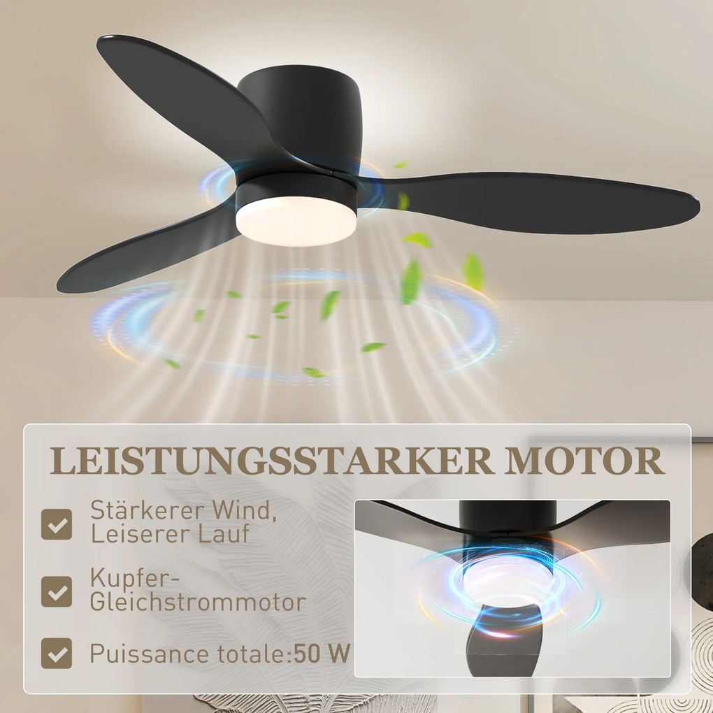 HOMCOM Stropní ventilátor s lampou a dálkovým ovládáním, 3 barvy světla, 6 rychlostí, nastavitelný jas, černý
