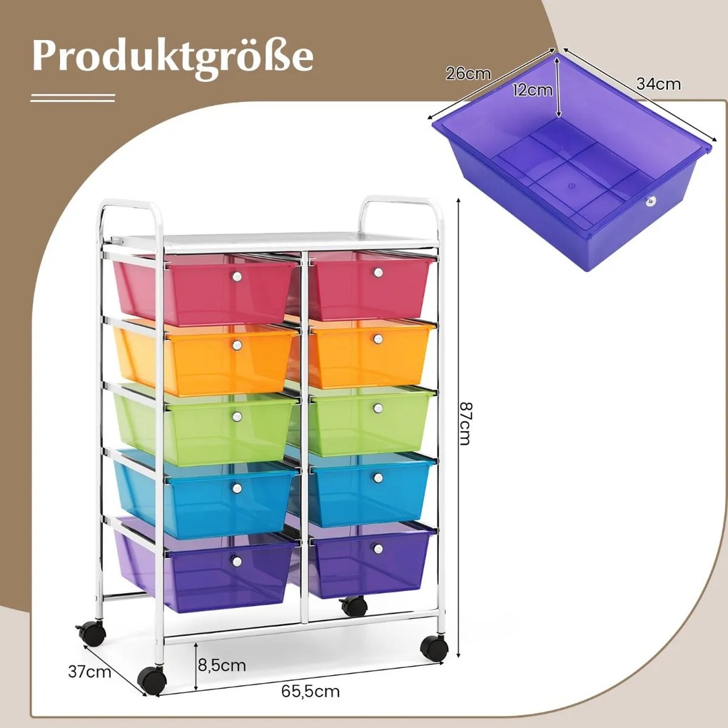 Costway Pojízdný úložný vozík s 10 zásuvkami Posuvný vozík