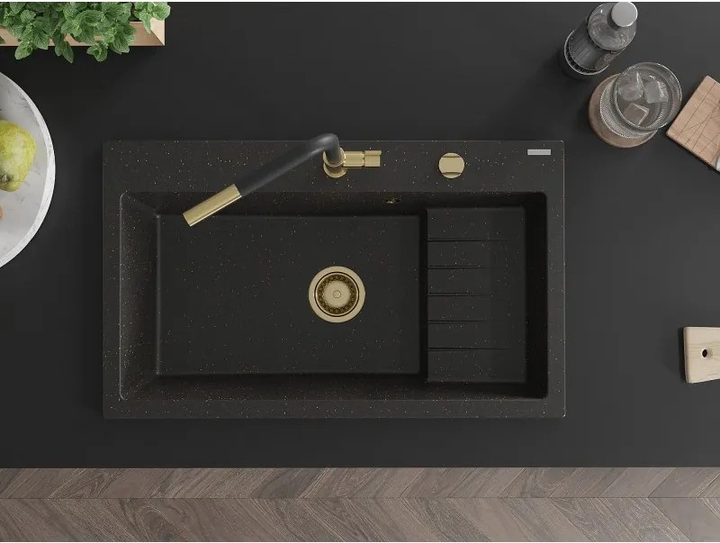 Mexen Omar, 1-komorový granitový dřez 800x480x210 mm, černá-zlatá metalíza, zlatý sifon, 6520801005-75-G