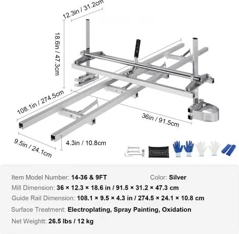 řetězová pila a vodicí systém kolejové frézy, přenosná pila 35,6–91,4 cm