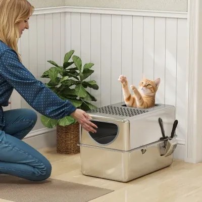 PawHut kočičí záchod z nerezové oceli XL, kočičí toaleta s lopatkou, dvojité otvory, snadné čištění, stříbrná