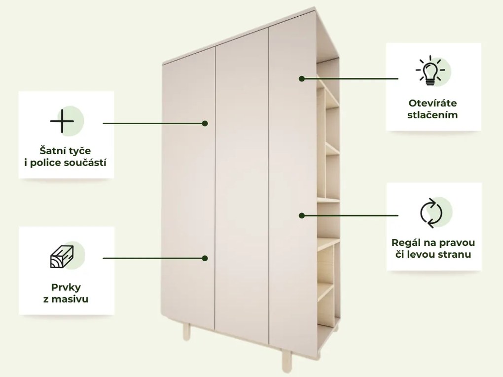 Designová šatní skříň s otevřeným regálem BASIC kašmírová