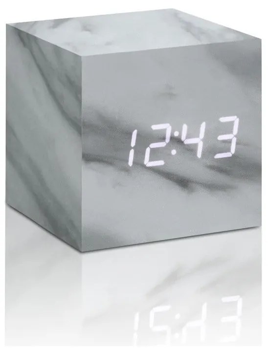 Šedý budík v mramorovém dekoru s bílým LED displejem Gingko Cube Click Clock