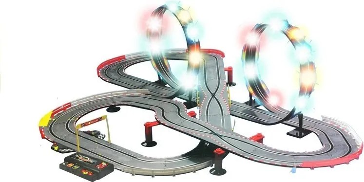 LEAN Toys Závodní dráha 2, autíčka Slot Cars v měřítku 1:43, smyčka s lampami