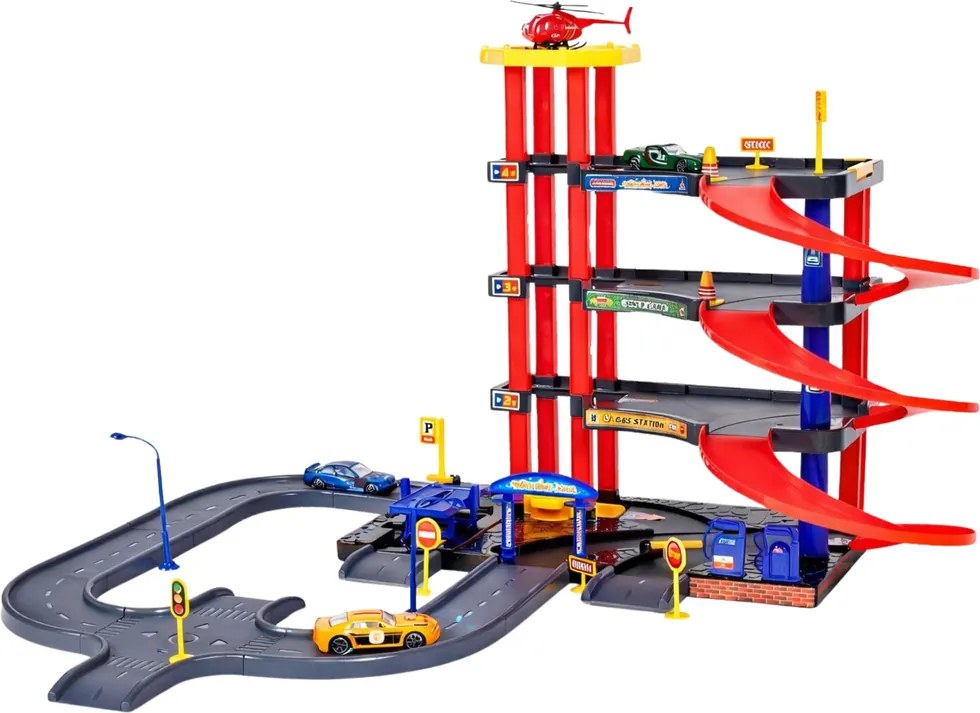 LEAN Toys Vícepodlažní parkoviště, 4 podlaží, s výtahem, vrtulník, autíčka, 70 dílů