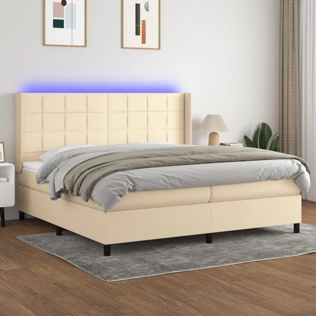 Box spring postel s matrací a LED krémová 200x200 cm textil