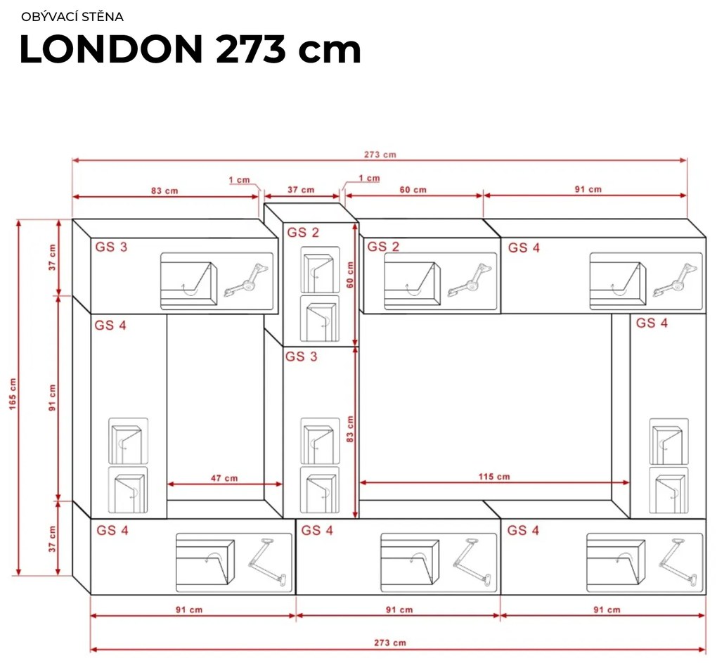 Ral Obývací stěna LONDON 4, 273 cm - Bílý lesk