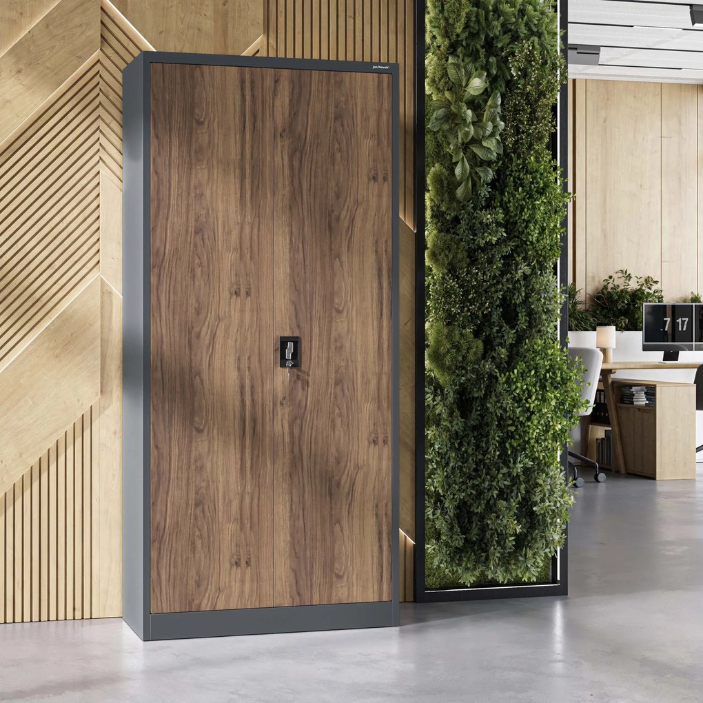 Vysoká kovová kancelářská skříň na dokumenty, antracit/ořech, 900x1950x400 mm: JAN H Eco Design