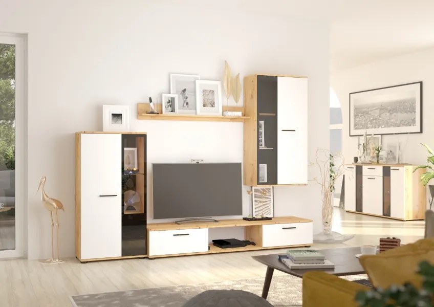 Obývací stěna SALZA Barevné provedení dub artisan / bílá, LED osvětlení NE