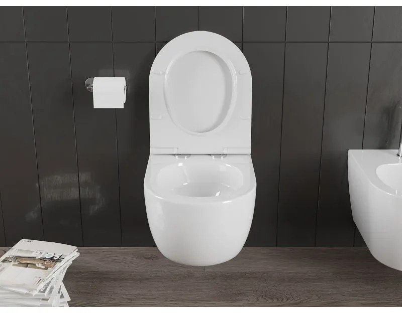 Mexen Carmen, závěsná WC mísa 490x365x340 mm, Rimless Tornádo + WC sedátko z duroplastu, bílá lesklá, 30880500T