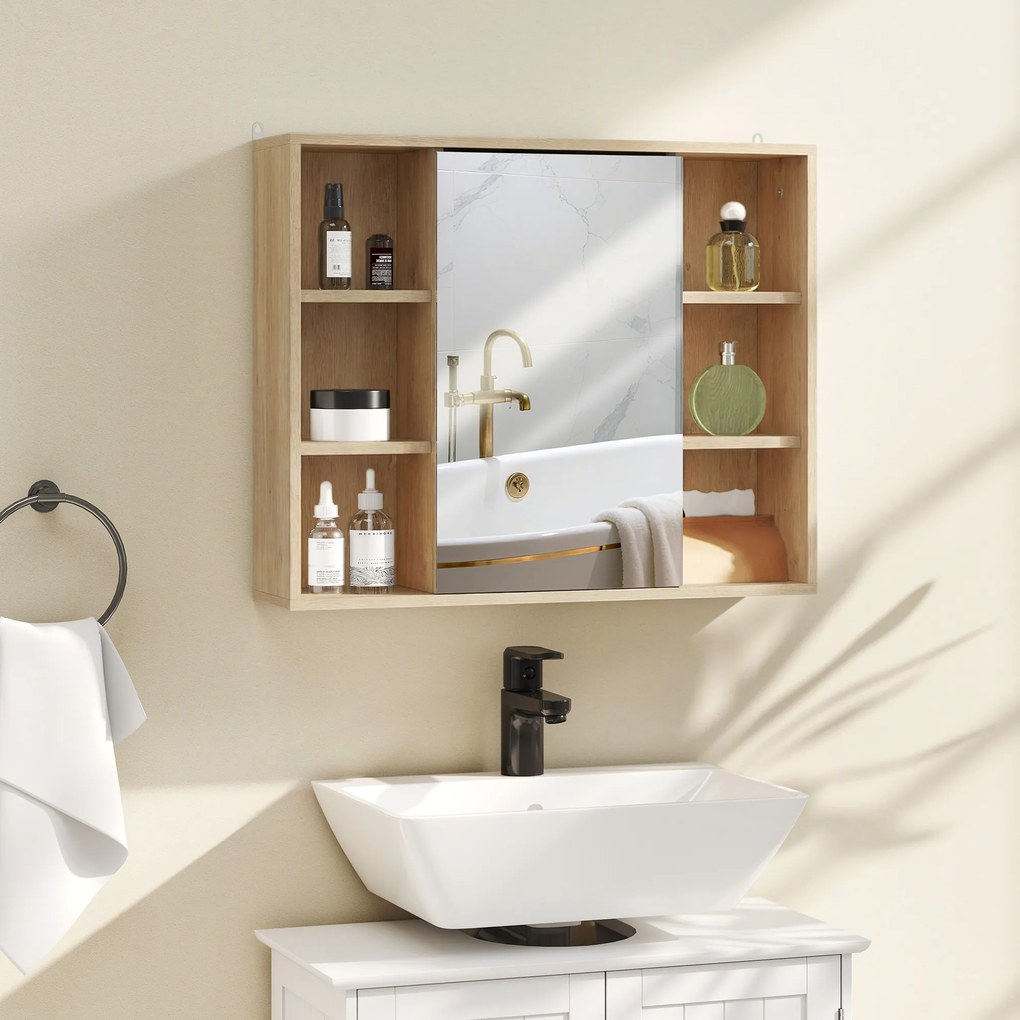 HOMCOM Závěsná zrcadlová skříňka do koupelny — 6 otevřených polic a zrcadlové dveře, přírodní dřevo, 60 × 14,5 × 49,4 cm (23,6 × 5,7 × 19,4 in)