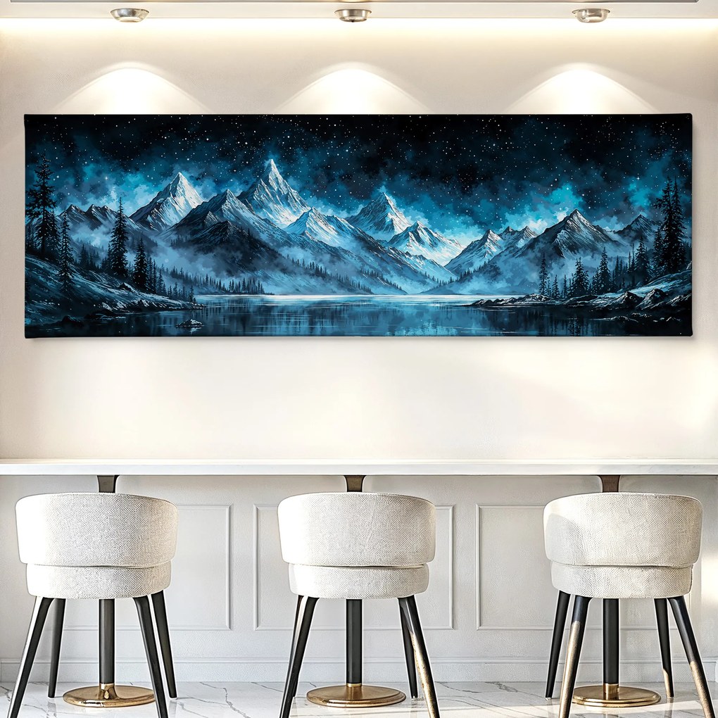 Obraz na plátně - Magická noční obloha nad horami FeelHappy.cz Velikost obrazu (šířka x výška): 120 x 40 cm