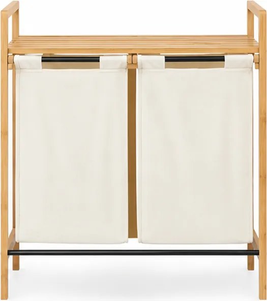 koš na prádlo, 2 vaky, 46 l, bambus/látka, 71x63x33 cm, přírodní/krémová, Dekorino KP20260009