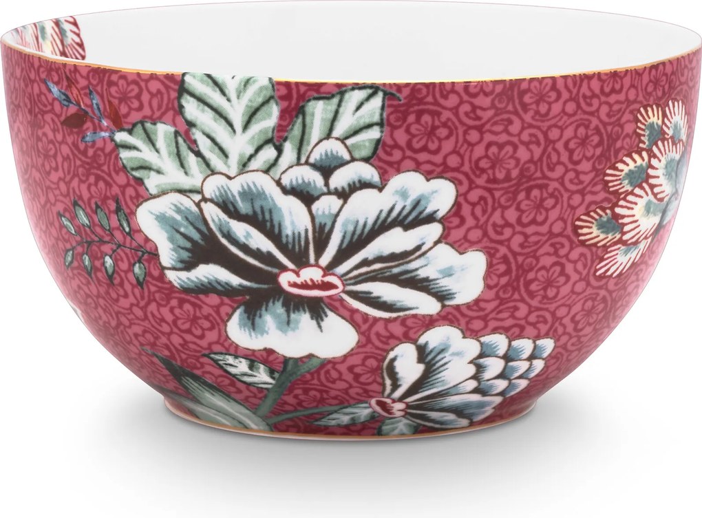 Pip Studio Flower Festival miska o 12cm, tmavě růžová (Menší miska z tenkostěnného porcelánu z kolekce Flower Festival Dark Pink)