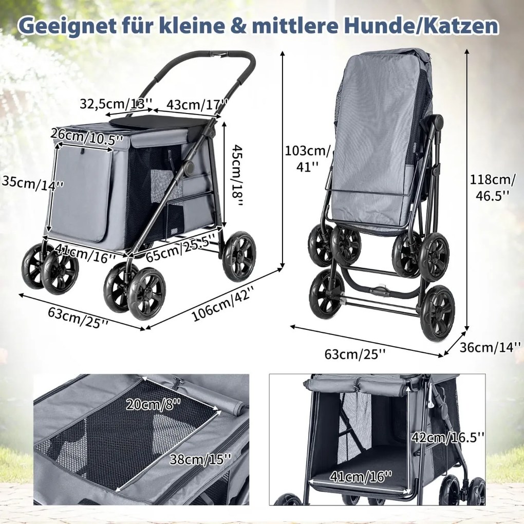 Costway Psí kočárek skládací do 40 kg psí vozík s polštářem, šedá