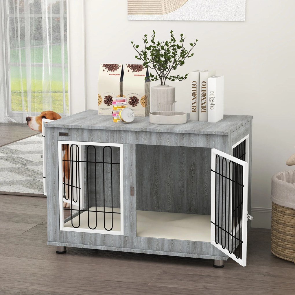 PawHut klec pro psy, psí bouda, klec pro domácí mazlíčky s polštářem, 2 zámky pro střední psy, klec pro psy s dvojitými dveřmi, šedá, 90 x 58 x 65 cm