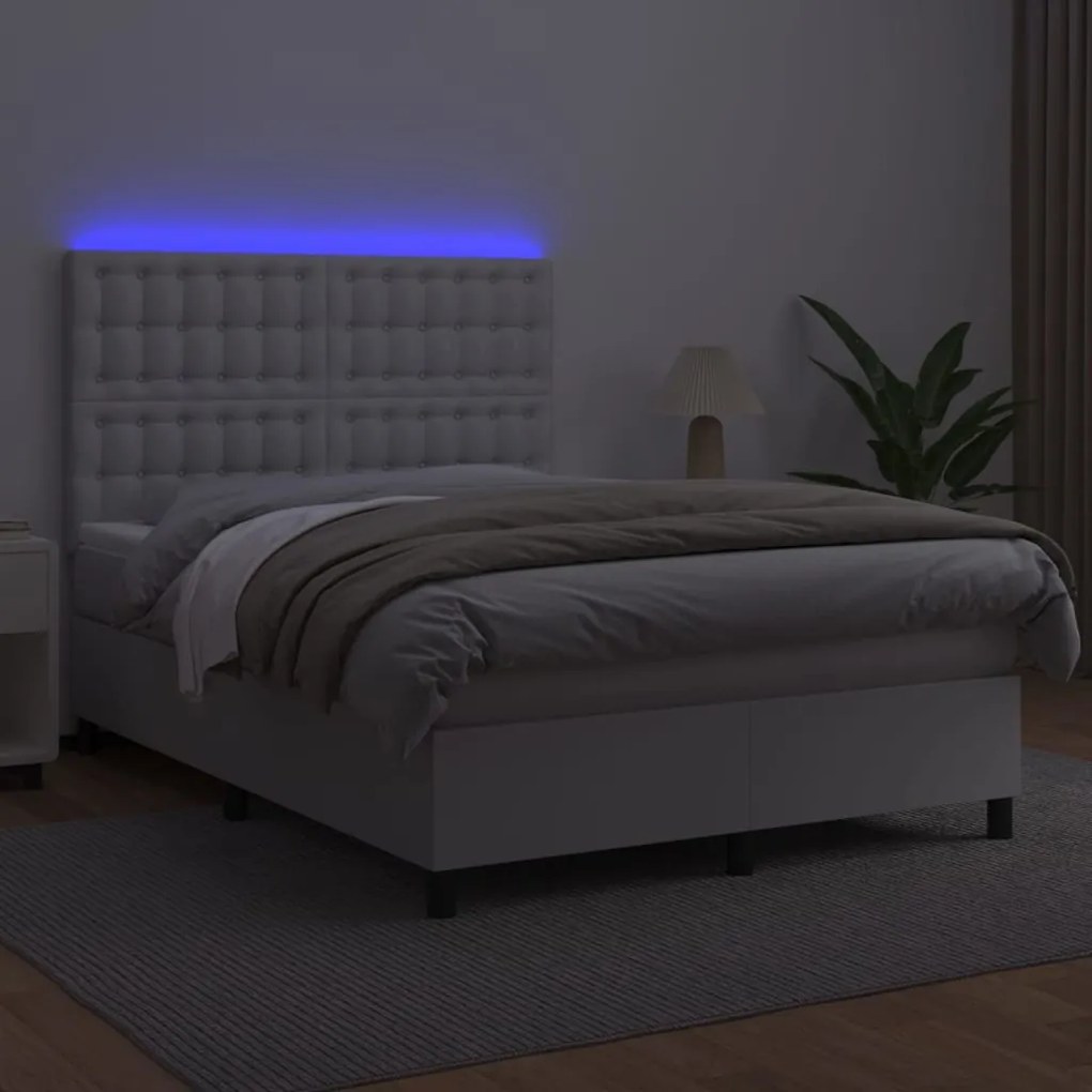 Box spring postel s matrací a LED bílá 140x190 cm umělá kůže 3135940