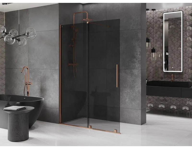 Mexen Velar, sprchová zástěna s posuvnými dveřmi Walk-in 130 x 200 cm, 8mm šedé sklo, růžové zlato, 871-130-000-43-60
