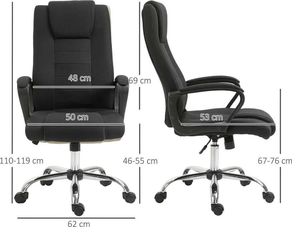Výškově nastavitelná kancelářská židle Vinsetto, ergonomická kancelářská židle, počítačová židle s houpací funkcí, černá, 62 x 62 x 110-119 cm | Aosom