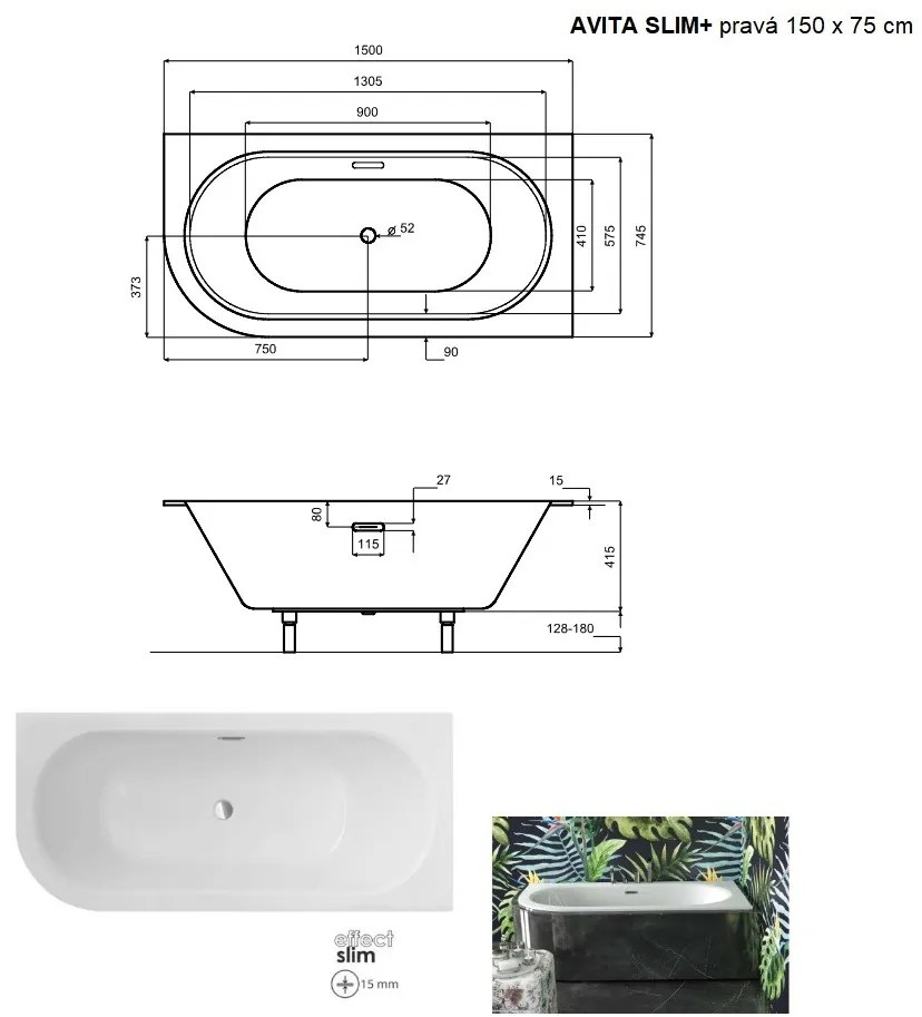 BESCO Asymetrická vana AVITA SLIM+ Nožičky k vaně - S nožičkami, Rozměr vany - 150 × 70 cm, Způsob provedení - Pravé VANAVIT15SLIMPP+OLVPINOZ