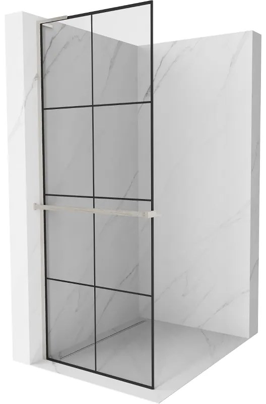Mexen Kioto+ L, sprchová zástěna Walk-In s poličkou a věšákem 90 x 200 cm, 8mm čiré sklo černý vzor, broušená ocel profil, 800-090-123-97-77