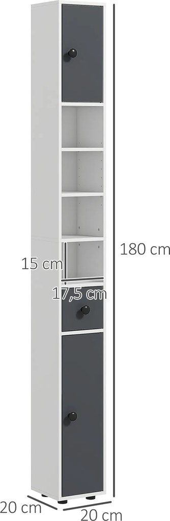 Kleankin Moderní vysoká skříňka do koupelny s 1 zásuvkou, 5 výškově nastavitelnými policemi a 2 dvířky - Koupelnový nábytek do 30 kg, 20x20x180 cm, Š…