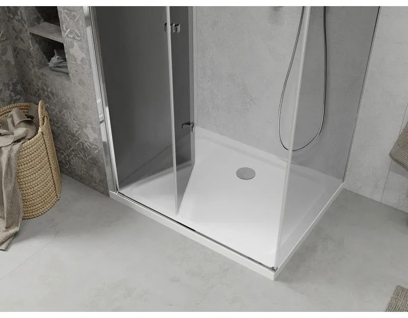 Mexen Lima, sprchový kout se skládacími dveřmi 70 (dveře) x 80 (stěna) cm, 6mm šedé sklo, chromový profil + slim sprchová vanička bílá + chromový sifon, 856-070-080-01-40-4010