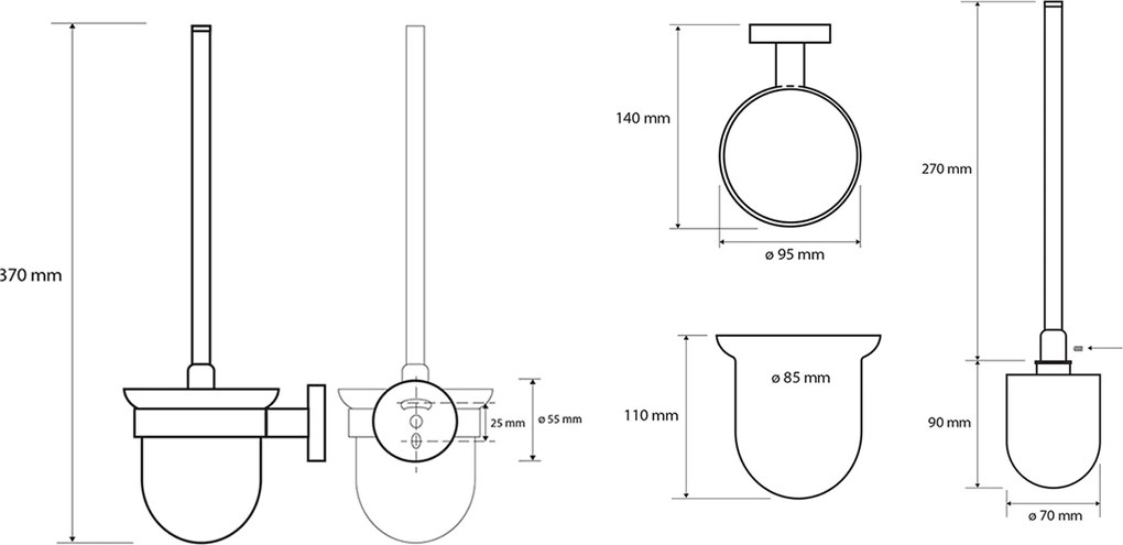 Sapho Sapho, X-ROUND BLACK WC kartáč nástěnný, miska mléčné sklo, černý, XR303B