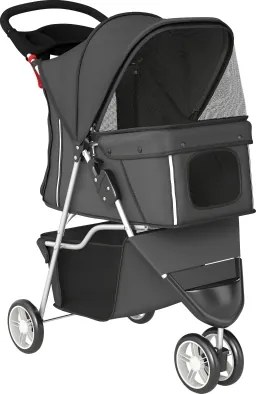 PawHut skládací kočárek pro malé psy s úložným košem, síťovými okny a držákem na nápoj — nosnost 10 kg, 77 × 44 × 102 cm, tmavě šedý