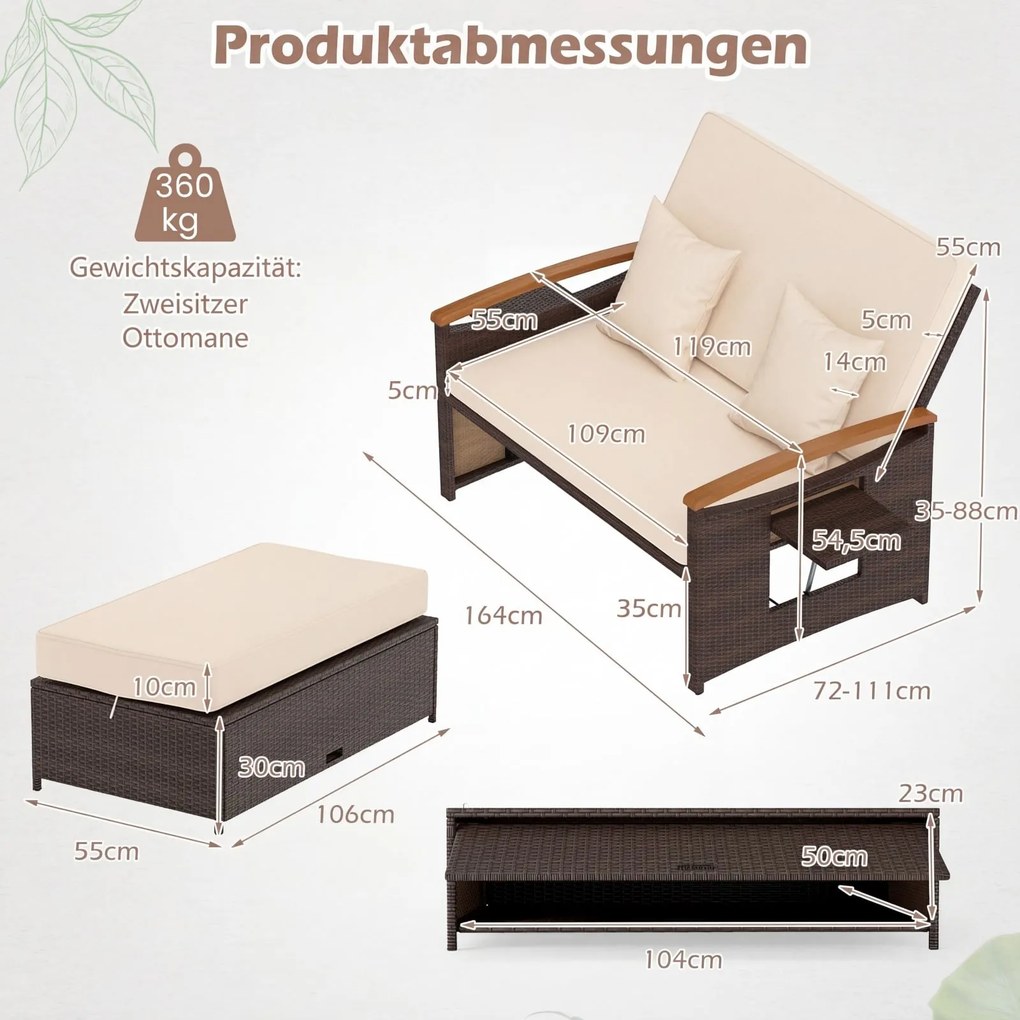 Costway 3 in 1 zahradní dvoulůžko denní pohovka ratanová zahradní pohovka s 4