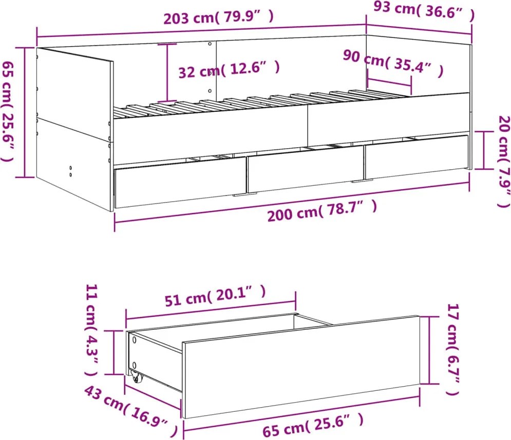 vidaXL Válenda se zásuvkami 90 x 200 cm kompozitní dřevo [3280820] Barva: hnědý dub