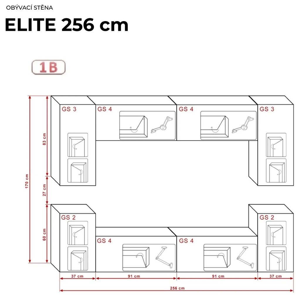 Ral Obývací stěna ELITE 256 cm - Černý lesk