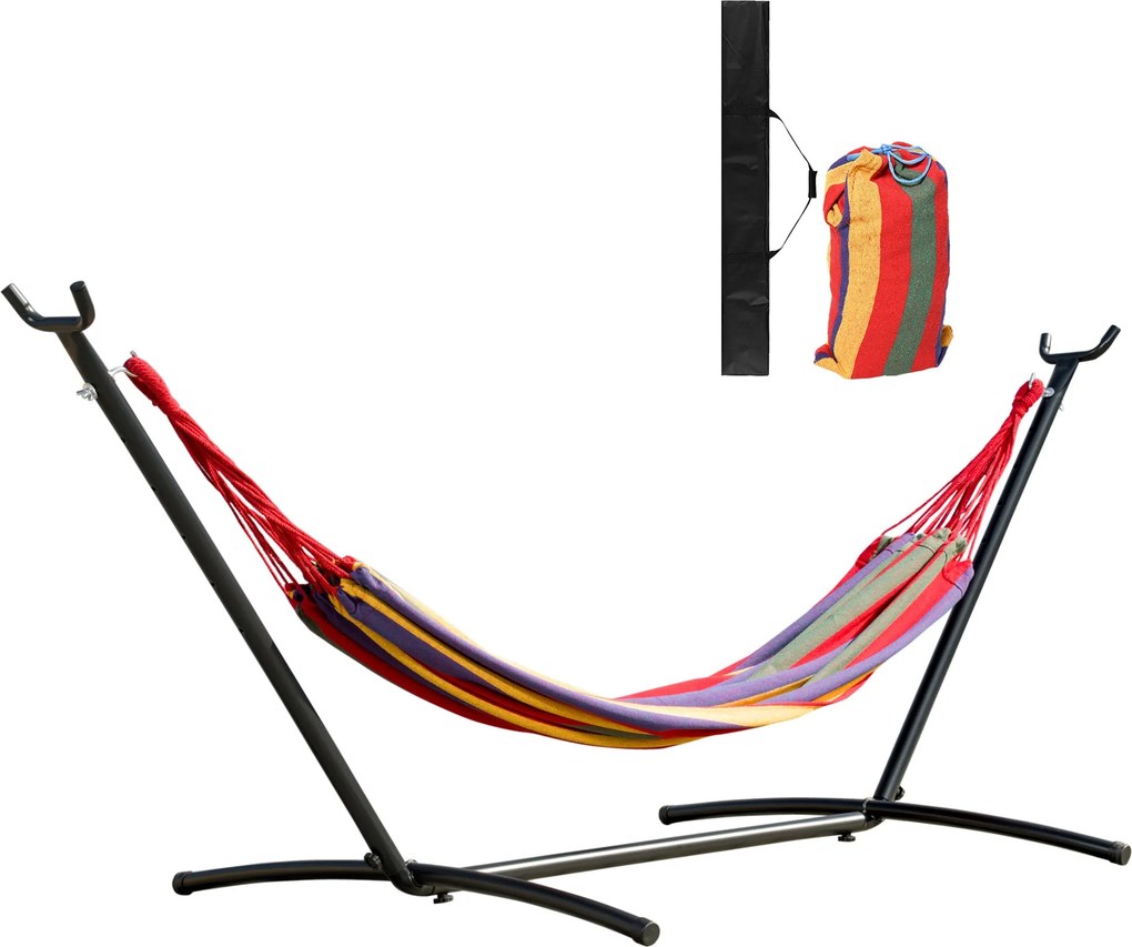Outsunny Houpací Síť se Stojanem z Oceli - Přenosná Houpací Síť se 6 Nastavitelnými Výškami a Vakem pro Uložení - Nosnost 120 kg 200x150 cm Mnohobarev