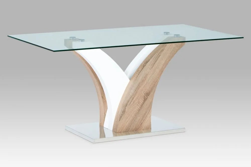 Jídelní stůl 160x90 cm, čiré sklo / sonoma / vysoký lesk bílý GDT-846 SON Autronic