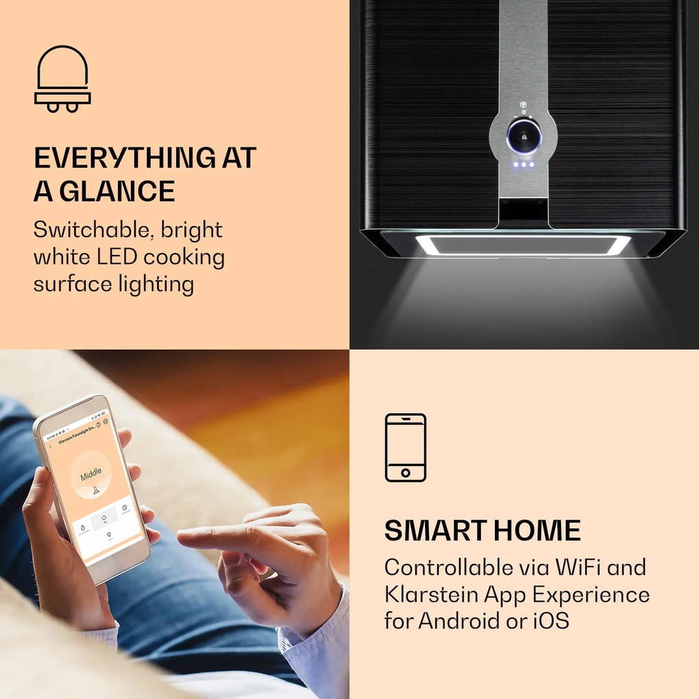 Klarstein Futurelight Smart, digestoř, 45 cm, ostrůvková, 413 m³/h, LED, nerezová ocel, černá