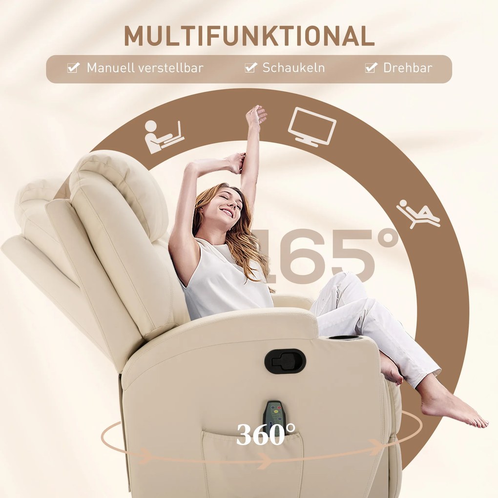 HOMCOM Relaxační křeslo s funkcí polohování, elektrické masážní křeslo, 5 masážních režimů, imitace kůže, krémově bílá, 84x92x109cm