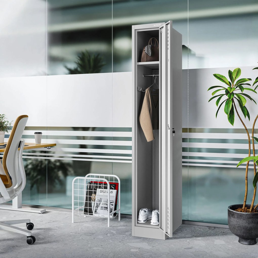 Úzká jednokomorová šatní skříňka pro zaměstnance, šedá, 300x1800x500 mm: KACPER II Plus