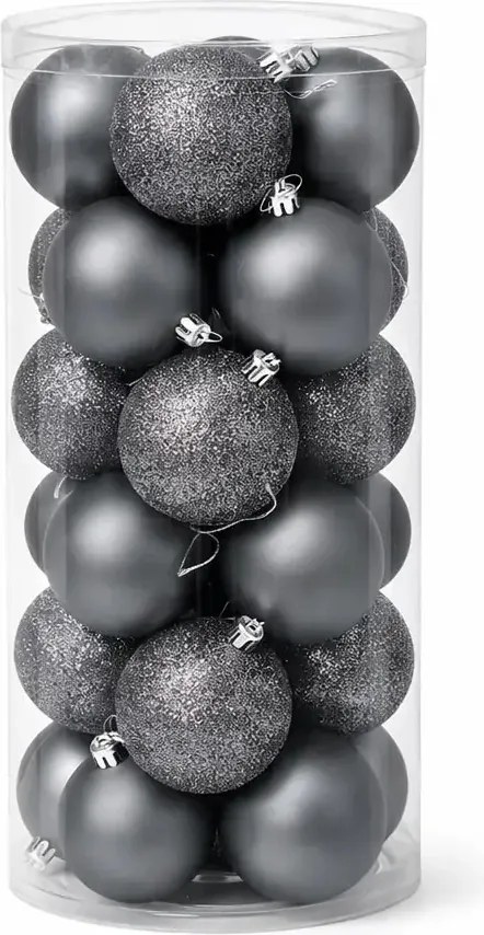 Sada vánočních ozdob tmavě stříbrná 6 cm plastové baňky, 12×  glitter, 12× mat, balení 24 ks