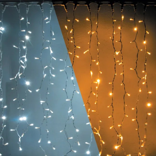 Easy Fix LED světelný závěs venkovní, 100 × 150 cm, bi-color ledově a teple bílá, 150 diod, bílý kabel, IP44, prodlužovací